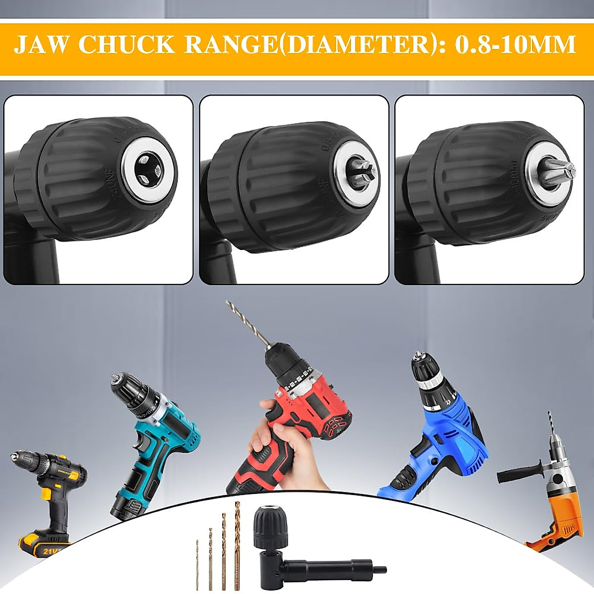 Right Angle Drill Attachment With 4 Bits, 0.8-10mm Right Angle Bend Extension Keyless Drill Chuck Converter Adapter for Tight Corner Workspace