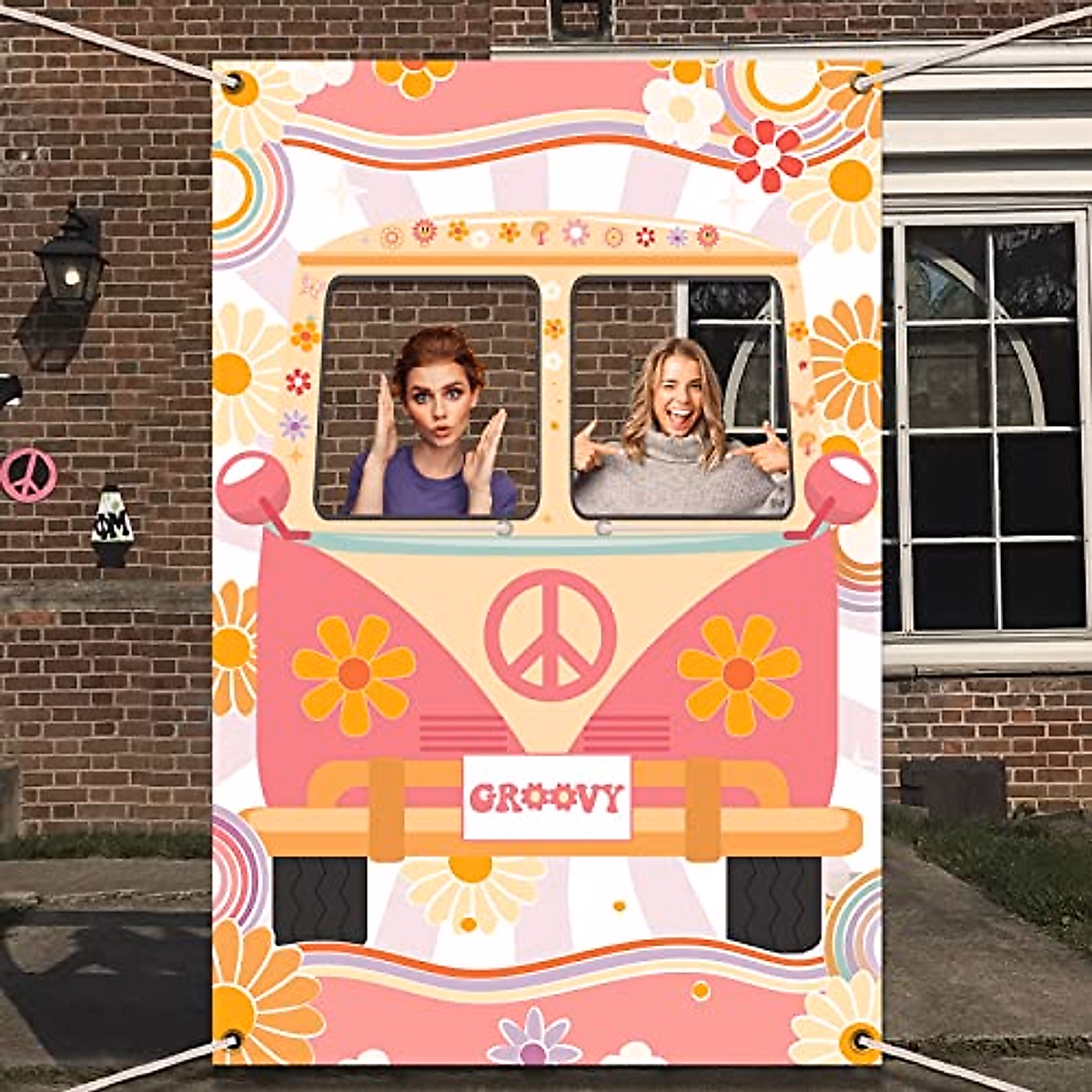 Hippie Photo Booth Props, Hippie Bus Prop Groovy Bus Photo Booth for 60'S 70'S Party, Hippie Party Decorations, Daisy Bus Photo Prop Two Groovy Birthday Decor, Groovy Photo Booth Frame - 59 × 39.4 in
