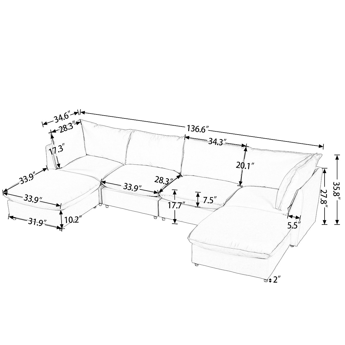 Eafurn U Shaped Modular Sectional Sofa with Reversible Chaise and Ottoman, Free Combination Symmetrical Corner Couch, Oversized Convertible Sleeper Sofa&Couch Bed for Living Room Furniture Sets