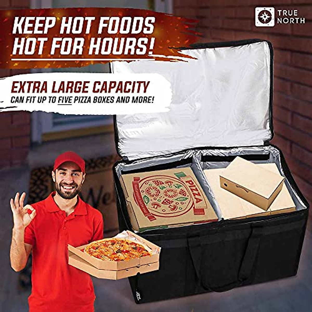 TRUE NORTH Insulated Food Delivery Bag w/Divider (23"x15"x14") - Uber Eats Food Warmer Bag - Pizza Bags for Delivery, Warming Bags for Food - Insulated Delivery Bags for Hot Food - Pizza Delivery Bag