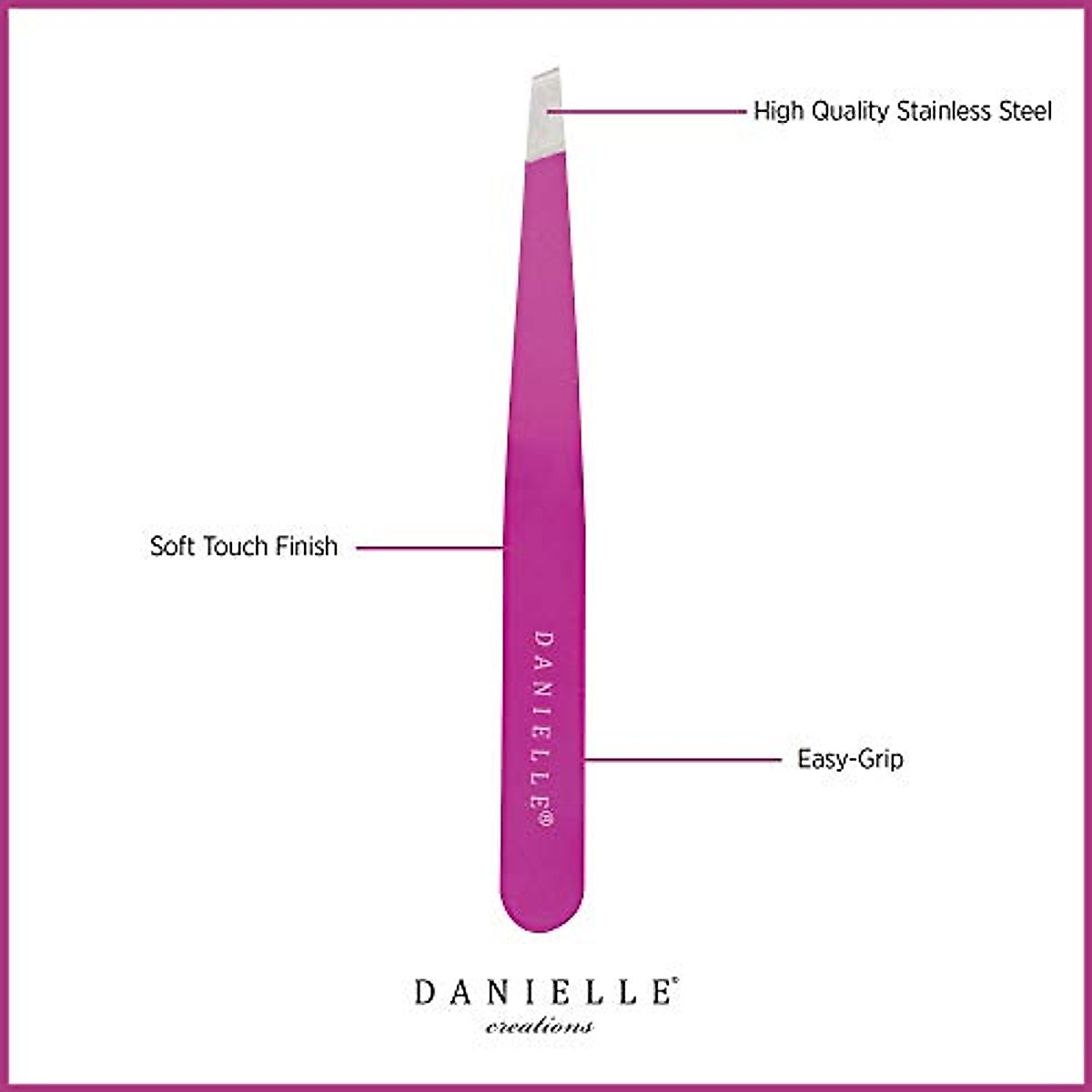 Danielle Creations Soft Touch Slant and Point Stainless Steel Tweezers, Pink