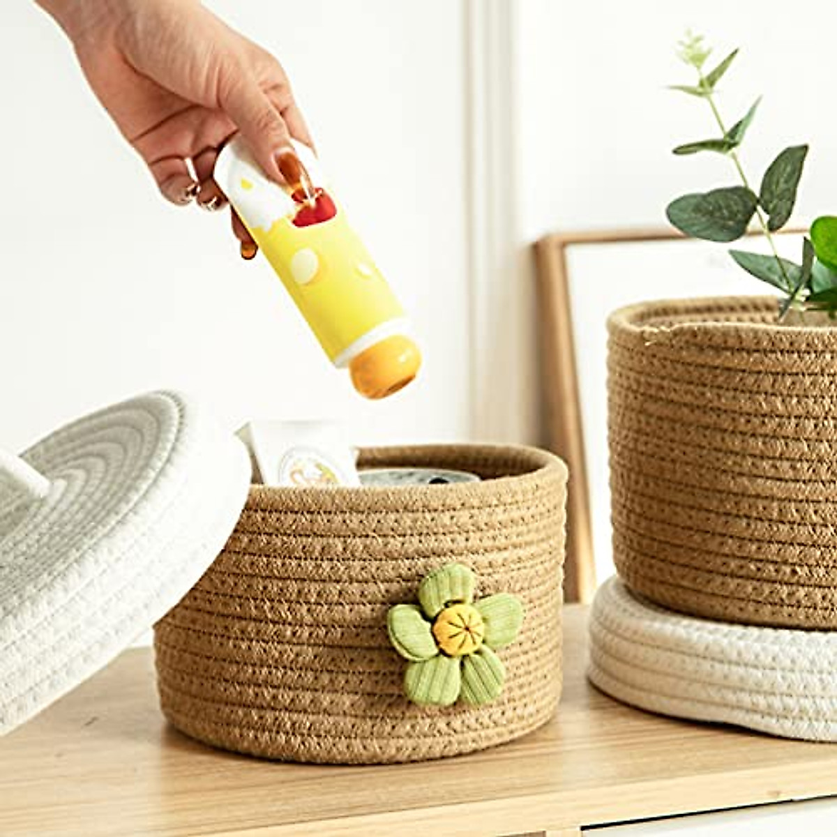 Zerodeko Cotton Rope Basket with Lid Small Woven Storage Baskets Decorative Hamper Nursery Covered Storage Bin Desktop Organizer Small Woven Basket