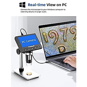 TOMLOV DM4 Coin Microscope 1000X with 4.3" Screen, 720P LCD Microscope with Metal Stand, 8 Adjustable LED Lights, PC View for Kids Adults, Windows Compatible, 32GB TF Card Included