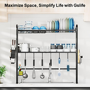 GSlife Over The Sink Dish Drying Rack Stable Stainless Steel Dish Drying Rack Kitchen Organizer Dish Drainer Shelf for Kitchen Counter, Silver