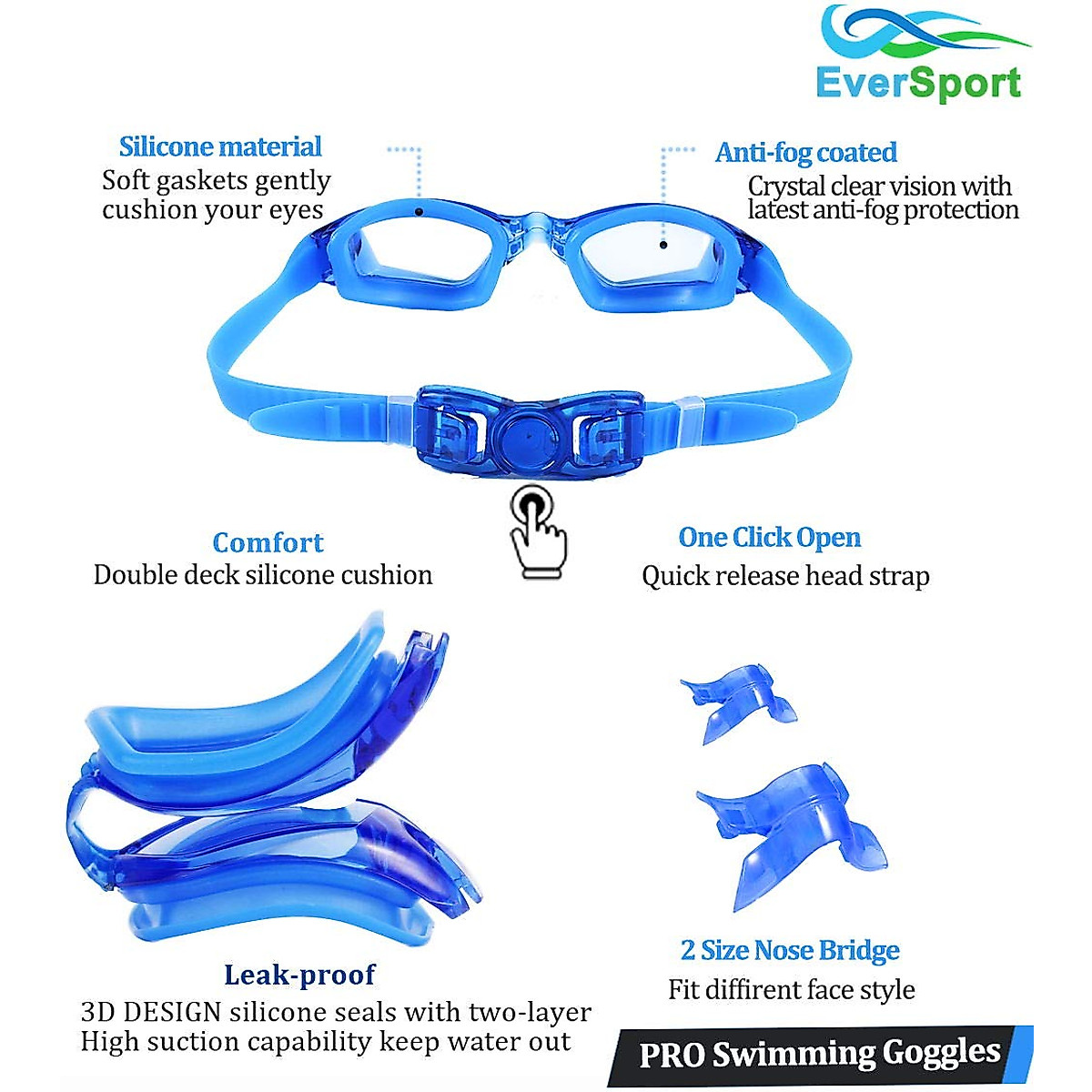 EverSport Swim Goggles, Swimming Glasses for Adult Men Women Youth Kids Child, Anti-Fog, UV Protection, Blue&Black