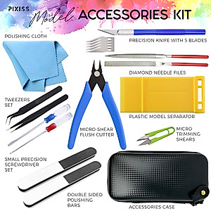 Pixiss Model Paint Storage Case (Holds 30 Bottles) and Model Making Accessory Kit - Travel Case for Testors Paints - Customizable Foam Insert - Hobby Craft Tools - Includes Precision Tweezers, Nippers