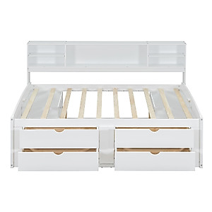 Hlcodca Full Size Daybed with Storage Drawers, Bedside Cabinets and Upper Shelves, Pine Wood Captains Bed with Bookshelf for Kids Boys Girls Teens (White-Full Size Wood Daybed)