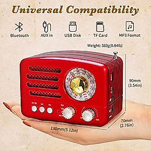 PRUNUS J-160 Portable Transistor Radio AM FM Small Retro Vintage Radio with Bluetooth, Rechargeable Battery Operated, Support TF Card AUX USB MP3 Player (Red)