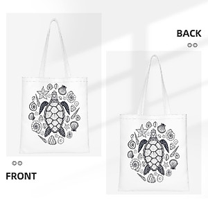 TifyDon Canvas Tote Bag,Tropical Turtle Shells Reusable Large Shopping Shoulder Tote Bag For Women,Sea Art Style Top View Ocean Boho Doodle Tribal Artwork Carapace Beach Tote Bags Bulk