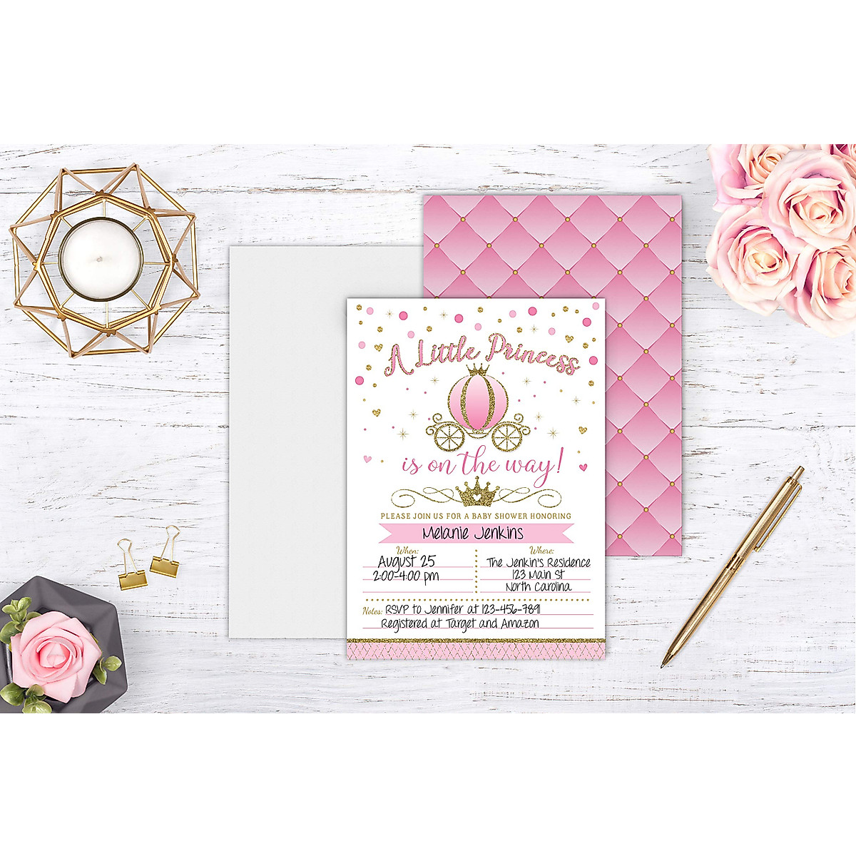 Your Main Event Prints Princess Baby Shower Invitation, Royal Pink and Gold Carriage Baby Sprinkle, 20 Fill in Invitations and Envelopes