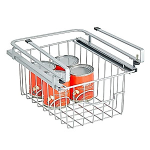 mDesign Metal Wire Extra Small Hanging Basket Pullout Drawer w/Handle; Sliding Under Shelf Storage Organizer Rack for Kitchen, Cabinet, Pantry; Attaches to Shelves, Easy Install - 2 Pack - Silver