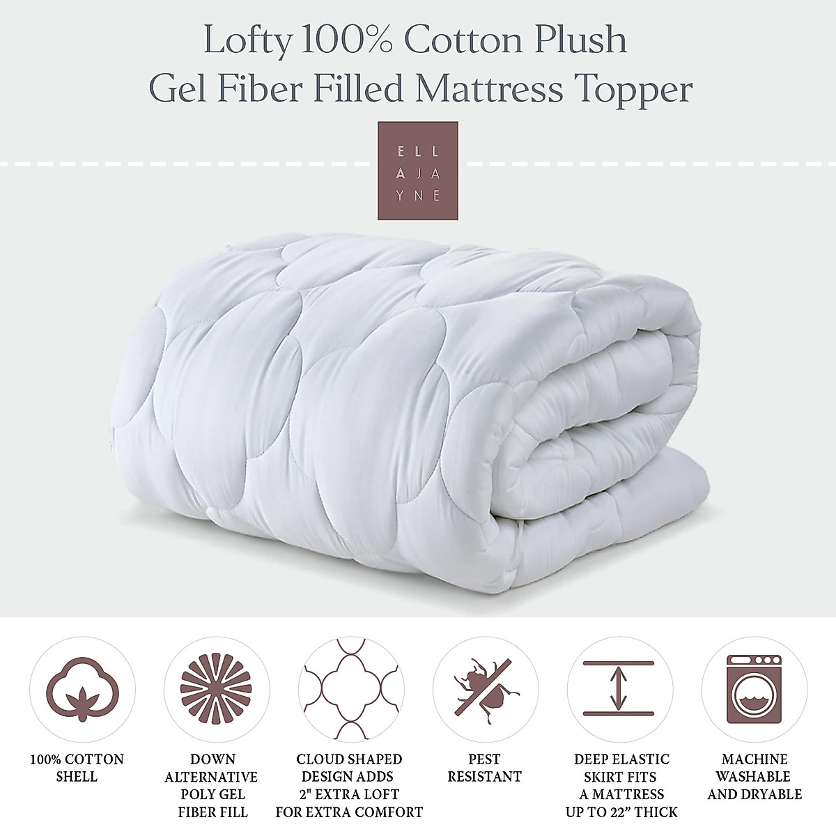 Ella Jayne Lofty 100% Cotton Plush Gel Fiber Filled Mattress Topper, 2" Extra Loft, Deep Elastic Skirt, Fits 22" Mattress - California King (72″x84″x2″)