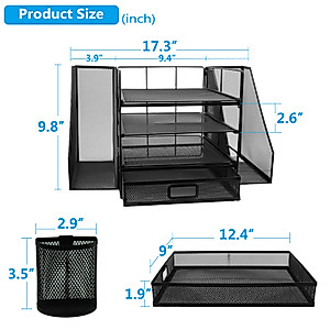 navmen Desk Organizer with File Holder,4 Tier Metal Mesh Desktop Organizer Paper Letter Tray Organizer with Drawer Holder and 2 Pen Holder,for Office Supplies Home or School Storage,(Black)
