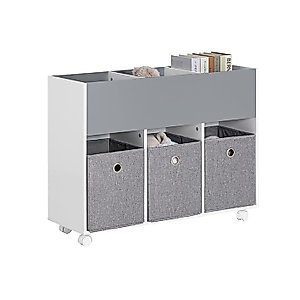 Haotian Kids Toy Storage Organizer Cart, Bookshelf with 3 Baskets & Wheels Children Toddlers Bookcase Playroom Nursery, Grey, KMB61-HG