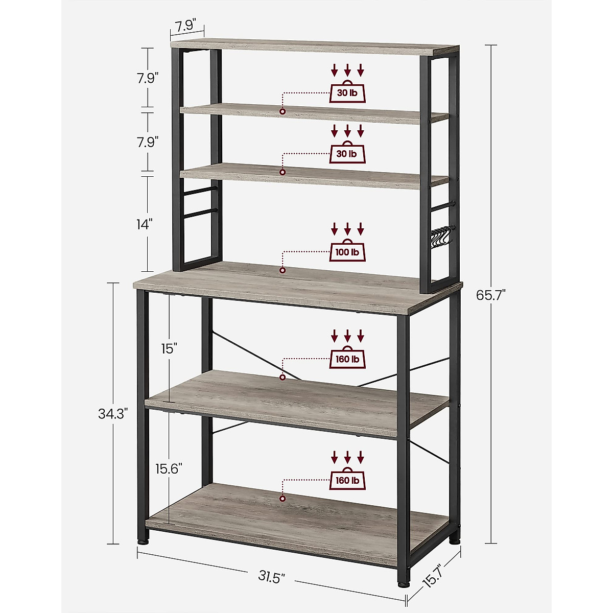 VASAGLE Coffee Bar, 31.5 Inches Baker's Rack for Kitchen with Storage, 6-Tier Kitchen Shelves with 6 Hooks, Microwave Stand, Industrial, Greige and Black UKKS019B02