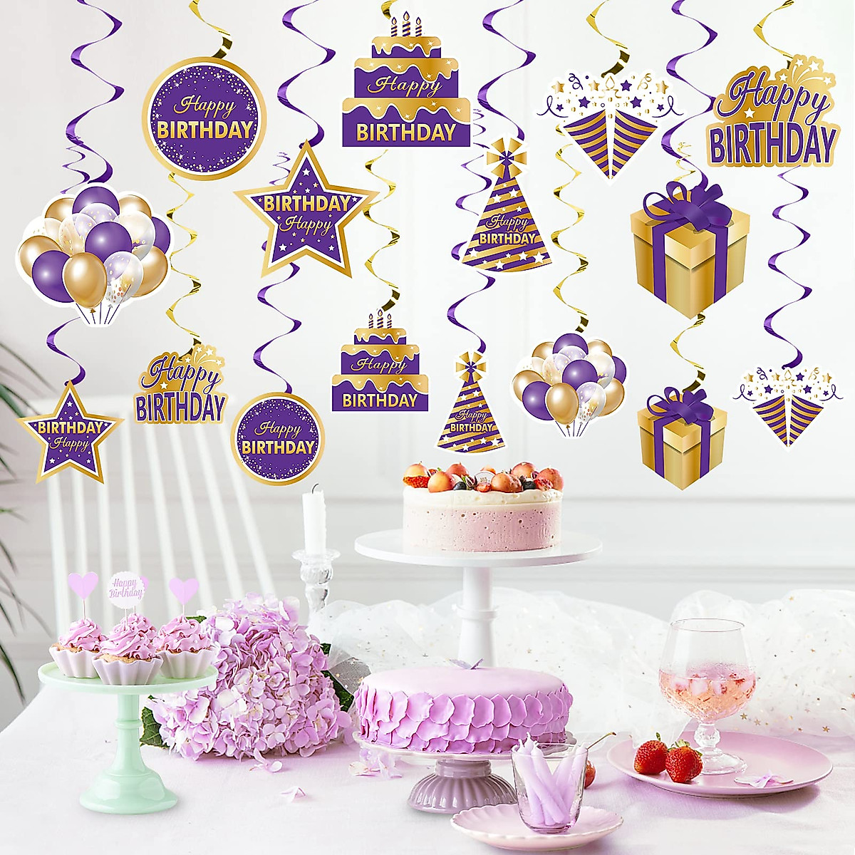 Purple Gold Birthday Hanging Swirls Decorations for Women Girls, Purple Happy Birthday Foil Swirls Party Supplies, 10th 16th 21st 30th 40th 50th 60th Bday Ceiling Sign Decor