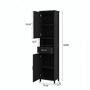 Locsear Tall Bathroom Storage Cabinet, Black Bathroom Cabinets Freestanding, Narrow Storage Cabinet w/Adjustable Shelves for Home, Kitchen, Versatile, Anti-Tipping