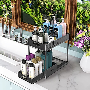 Under Sink Organizers and Storage, 2 Pack Pull-out Large Capacity Under Bathroom and Kitchen Cabinet Storage Drawer Organizer with Hooks, Multi-purpose Heavy Load Under Sink Shelf Organizer, Black