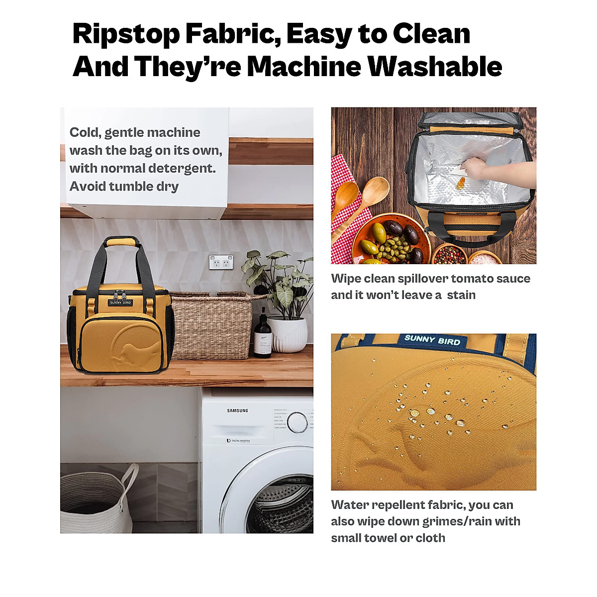 SUNNY BIRD 12L Large Insulated Lunch Bag, Leakproof and Foldable Lunch Cooler Box for Women Adult and Men, Fits 18 Cans (Ochre 01)