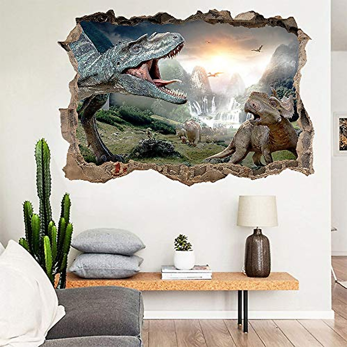3D Dinosaurs Wall Stickers - MLM PVC Simulation Crack Hole Dinosaur Wall Decals for Mural Living Room Bedroom Kids' Room Nursery Decor Playroom Decor (Dino B)
