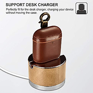 AirPods Leather Case, ICARER Genuine Leather AirPod case with Keychain and Led Light for Apple AirPods 2 Case & Airpods 1, Support Wireless Charging (Brown)