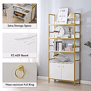 MELLCOM Golden Bookcase, 4 + 2 Tier Bookshelf with 2 Pull-Out Storage Cabinet Bohemian Style 71’’ Modern Bookshelves with 4 Adjustable Foot Pad Easy Assembled for Home, Office
