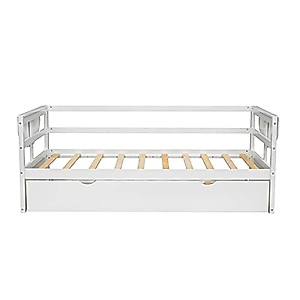 Polibi Twin Size Daybed with Trundle and Foldable Shelves on Both Sides, Wooden Sofa Bed with Wood Frame and Slats, No Spring Box Needed