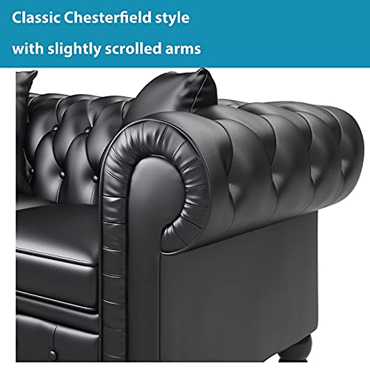 Pannow 63 Inch Upholstered Loveseat Sofa, Classic Chesterfield Couch with 2 Pillows and Roll Arms, Button Tufted PU Leather Sofa for Living Room Bedroom Guest Room, Black