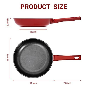 Sakuchi Nonstick Frying Pan with Lid 11 Inch, Skillet Non Stick for Induction Cooktop, Cooking Pan with Bakelite Handle, Green (11“-Red, 11In with lid)