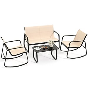 YITAHOME 4 Piece Patio Furniture Set, Small Backyard Bistro Rocking Chairs, Loveseat and Glass Table, Textilene Outdoor Conversation Set for Lawn, Garden, Balcony, Poolside (Brown)