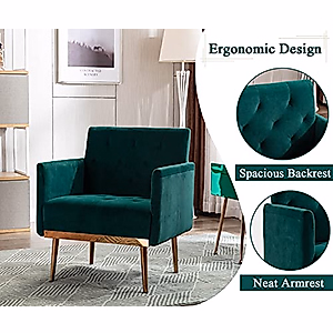 SLEERWAY Modern Velvet Single Sofa Chair, Upholstered Accent Living Room Chair, Comfy Armchair with Rose Golden Metal Legs, Tufted Chair for Reading or Lounging (Green)