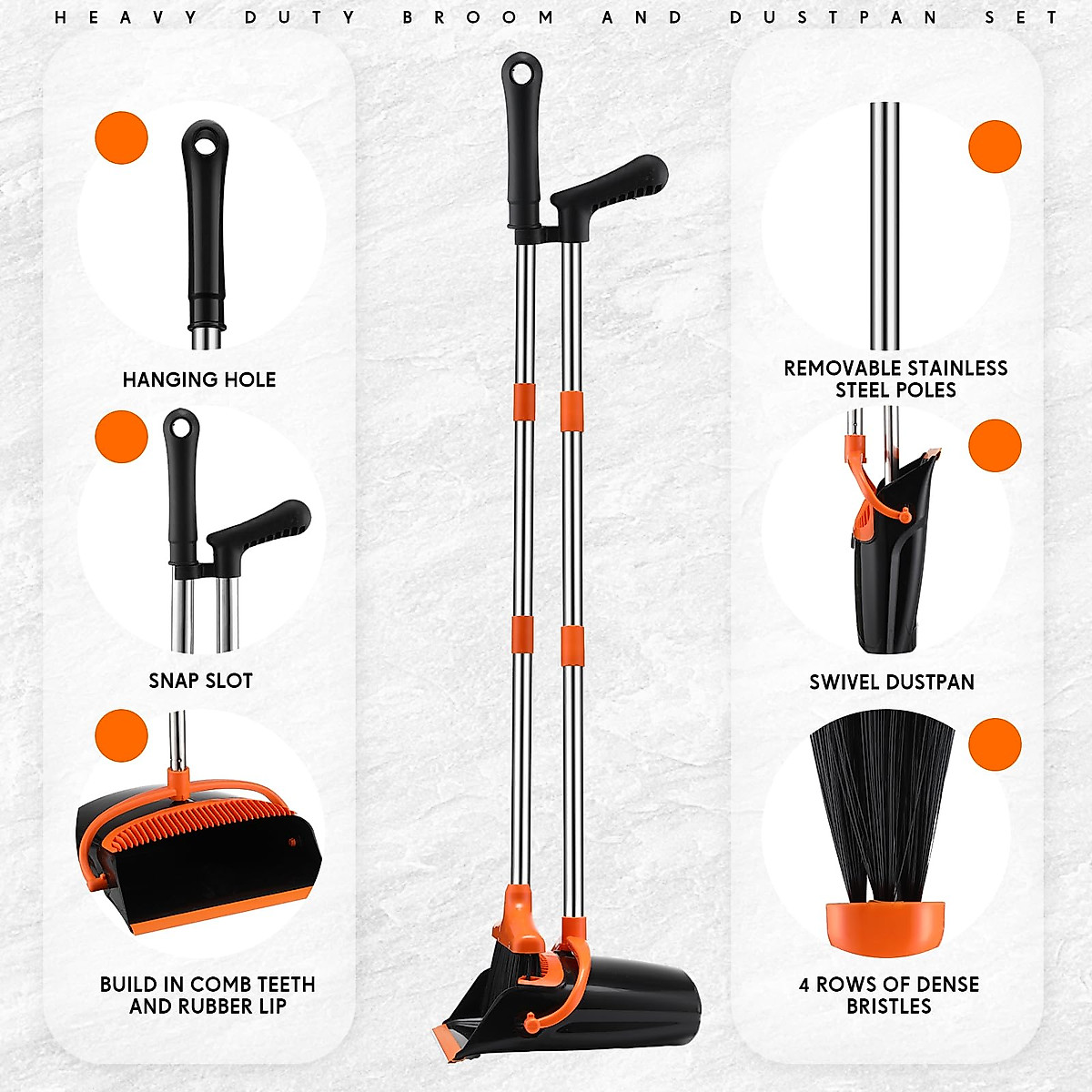 Tioncy Heavy Duty Broom and Dustpan Set 2 Plus 1 Set with Comb Commercial Windproof Stand up Broom Outdoor Indoor for Courtyard Garage Lobby Mall Market Floor Kitchen Home Office Pet Hair Rubbish