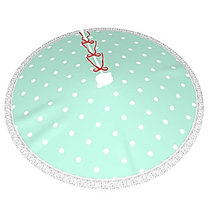Christmas Tree Skirt 48" - Green Polka Dots Printed Tree Skirt with Tassel Xmas Tree Decoration for Christmas Holiday