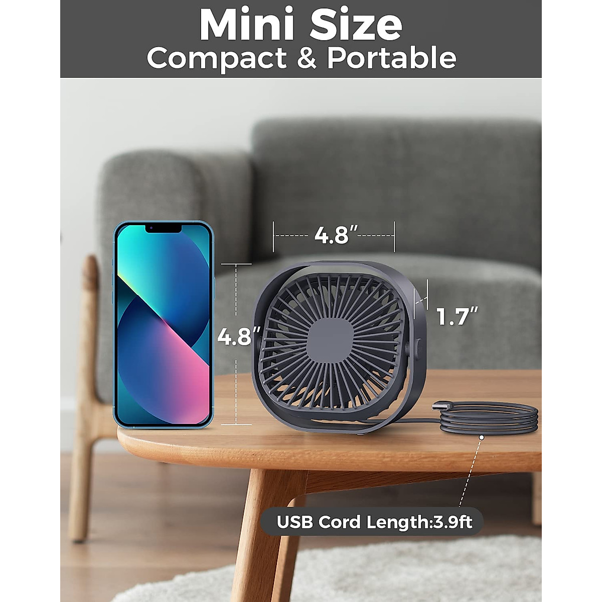 RJVW Small USB Desk Fan,3 Speeds Portable Table Fan, 4 inch Personal Mini Fan,Small Cooling Fan by USB Plug In, 360°Rotatable Desktop Fan for Home Office Bedroom Dorm Indoor Outdoor Summer Gift
