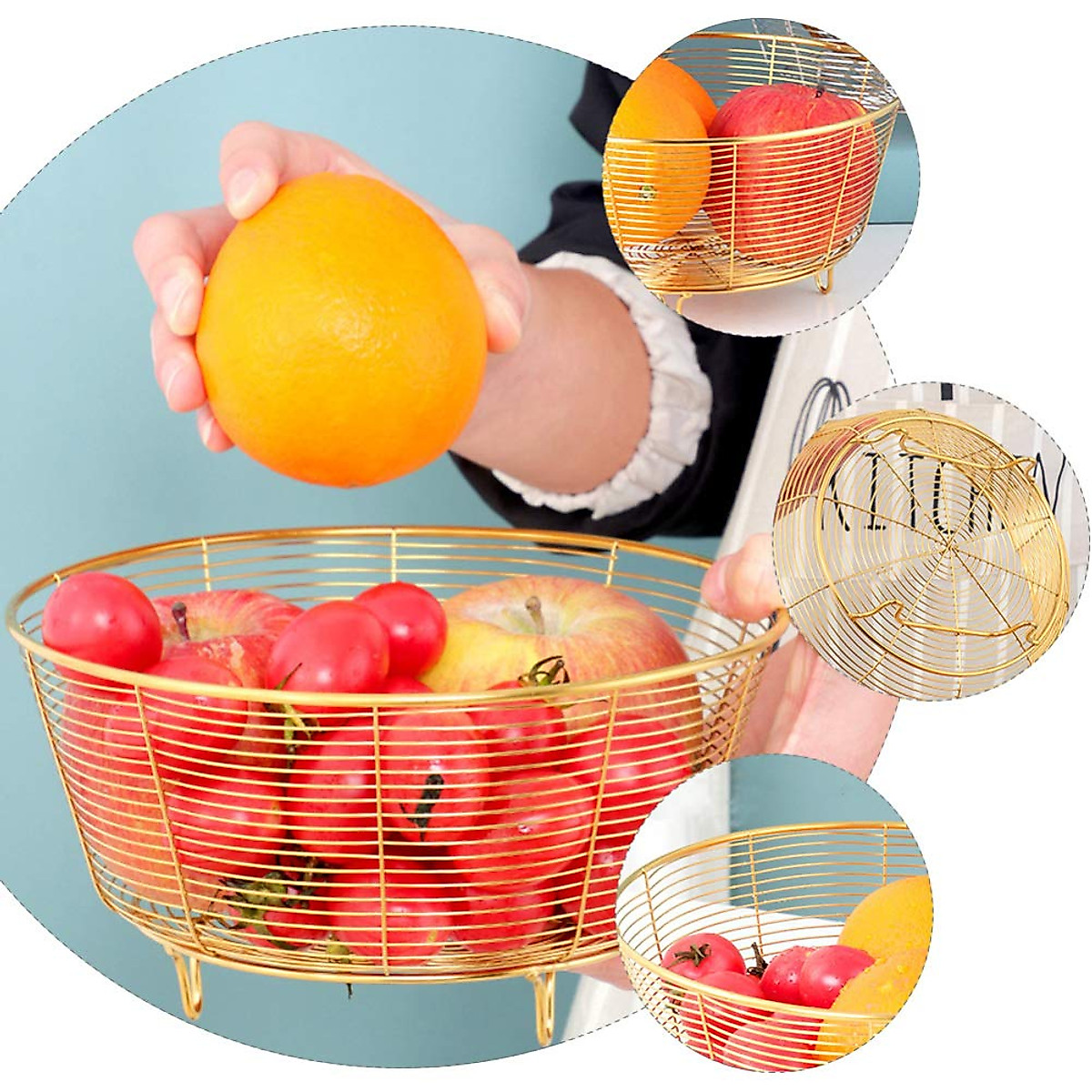 Hemoton Iron Fruit Bowl Fruit Dish Basket Metal Wire Vegetable Bowl Mesh Countertop Fruit Holder Bowl for Kitchen Counter Modern Gold
