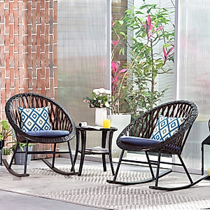 ovios 3 Piece Patio Rocking Bistro Set,Patio Outdoor Furniture, Porch Rocking Chairs Conversation Sets with Glass Coffee Table for Small Space,Deck,Terrace (Blue)