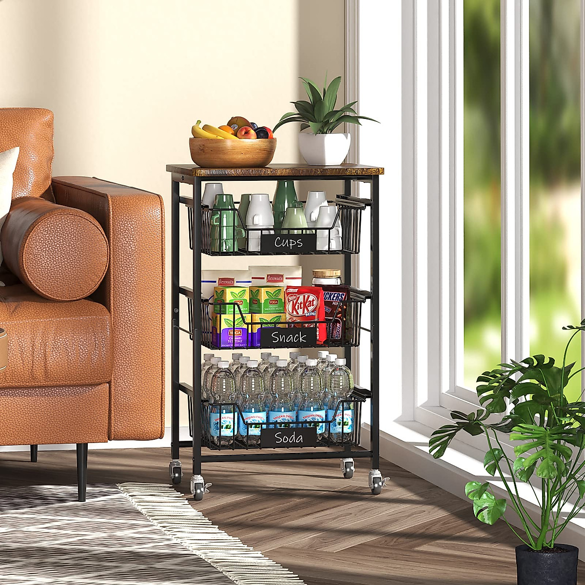 CHLORYARD 4-Tier Vegetable Fruit Basket Kitchen Storage Rolling Cart on Wheels with Pull-Out Baskets and Wood Top for Kitchen Diningroom Pantry