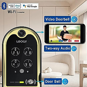 Lockly Vision Smart Lock, Camera Video Two-Way Audio 6-in-1 Keyless Entry Door Lock with Doorbell Fingerprint Door Lock with APP Control Digital Keypad Wi-Fi Deadbolt Door Locks- Brushed Gold