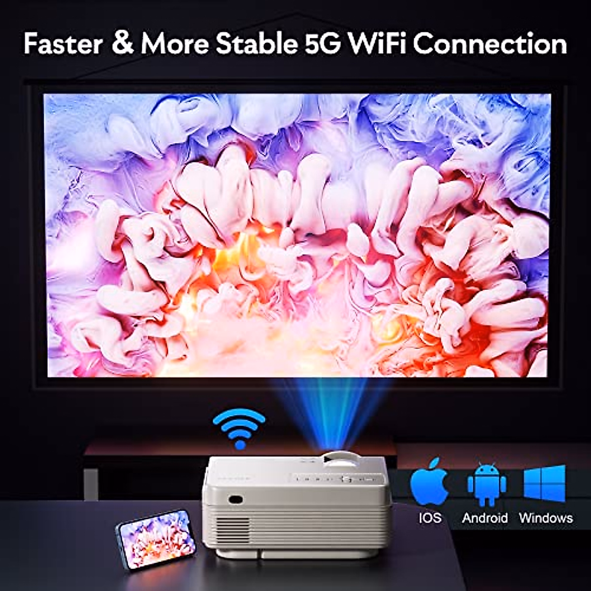 YEZMEK Native 1080P Projector with 5G WiFi and Bluetooth, 15,000 Lumen Mini Portable Projector 4K Supported, Home Movie Projector Compatible with TV Stick Smartphone & Tablet Laptop HDMI USB TF.