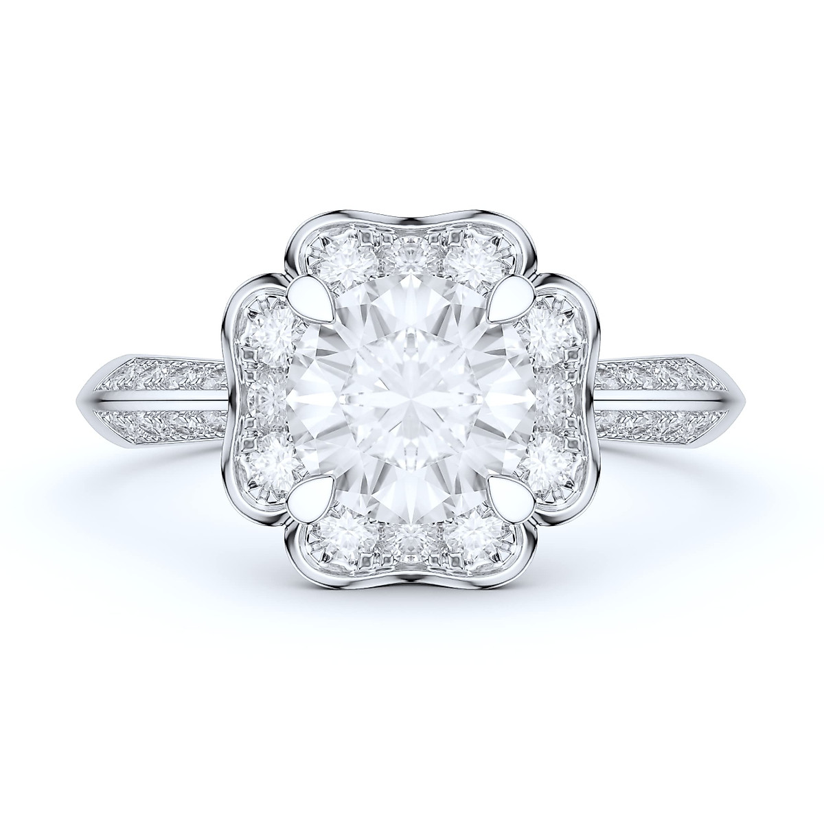 PRSTANI Real 14k White Gold Romantic Flower Like Clovers Halo 4-Prong Set 1.0 CT Simulated Diamond Engagement Ring (6.5)