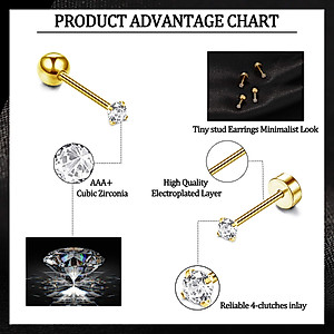 Drperfect Stainless Steel 2MM CZ Stud Earrings for Men Women 18G Cartilage Earrings Stud Piercing Tiny Cubic Zirconia Stud Earrings Small Stud Earrings Screw Flat Back Earrings Set