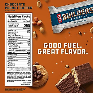 CLIF Builders - Chocolate Peanut Butter Flavor - Protein Bars - Gluten-Free - Non-GMO - Low Glycemic - 20g Protein - 2.4 oz. (12 Pack)