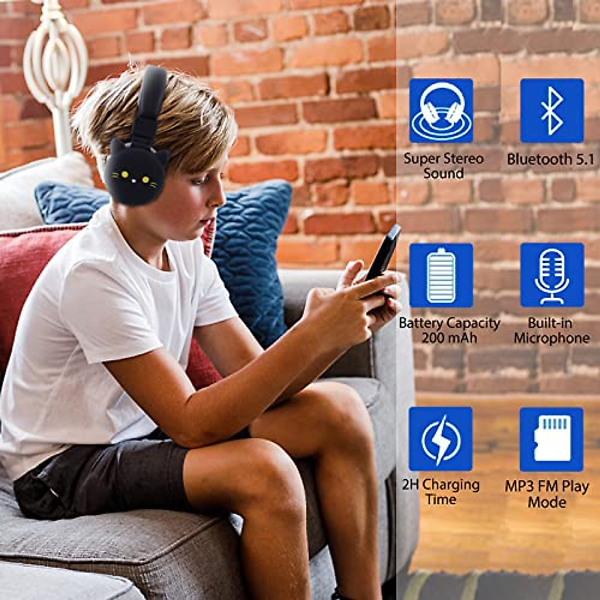 YLFASHION Black Cat Cartoon Headphone Wireles FM Headset Music Stereo Headphones Kid's Headphone Over Ear for The Study(Black cat)