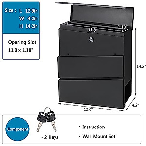 Wall Mounted Mailboxes with Key Lock, Lovndi Large Capacity Drop Mail Locking Box for Outdoor, Lockbox 932 Black Matt