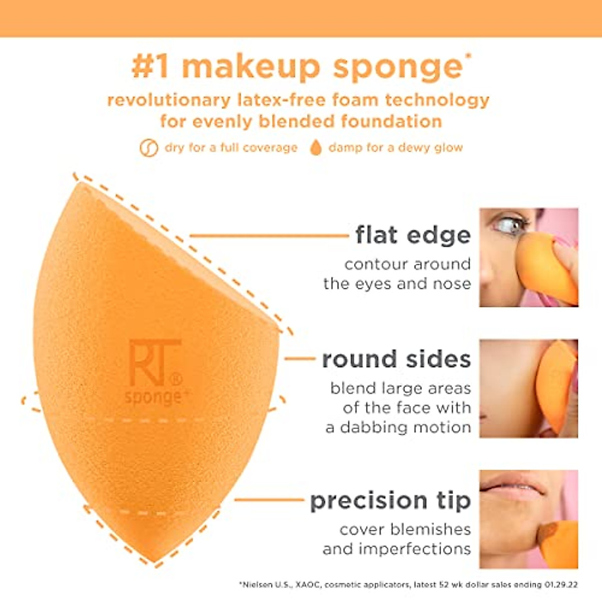 Real Techniques Miracle Complexion Sponge Duo, Makeup Blending Sponge, For Foundation, Offers Light To Medium Coverage, Natural, Dewy Makeup, Orange Sponge, Latex-Free Foam, 2 Count