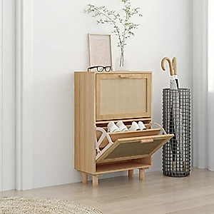 Tidyard Shoe Rack with Pull-Down Storage Drawers, Engineered Wood and Natural Rattan Shoe Cabinet for Bedroom Entryway Hallway Home Furniture