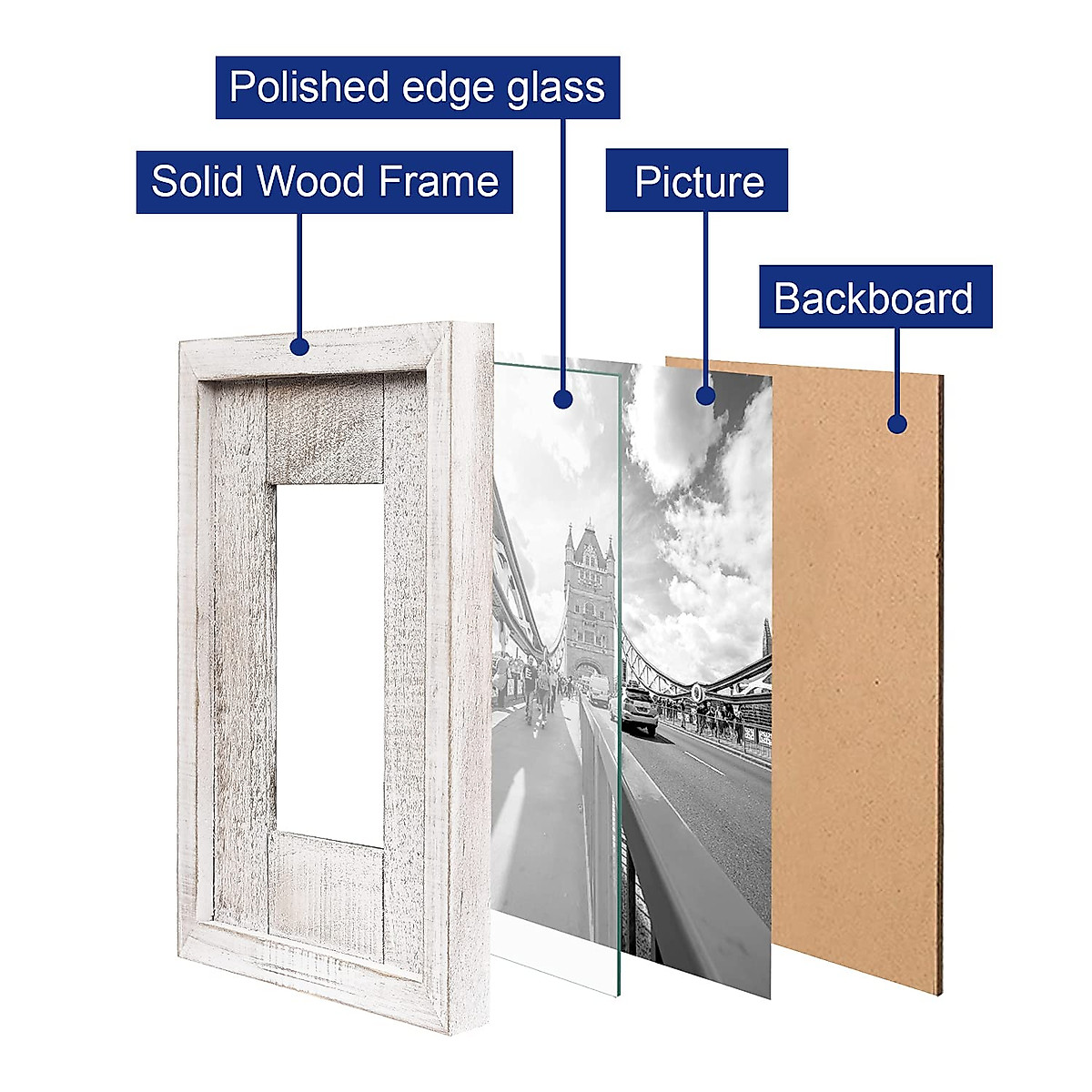 Adeco Handcrafted Rustic Wooden Picture Frames with Real Glass to Display 5 x 7 Inch Photo for Wall Hanging and Tabletop, Distressed White
