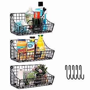 X-cosrack Wall Basket Hanging Basket Storage with 5 S Hooks 3 Label -3Pack, Cabinet Wall Hanging Metal Wire Baskets for Organizing, Extra Large Storage Organization Shelf for Pantry Kitchen Bathroom