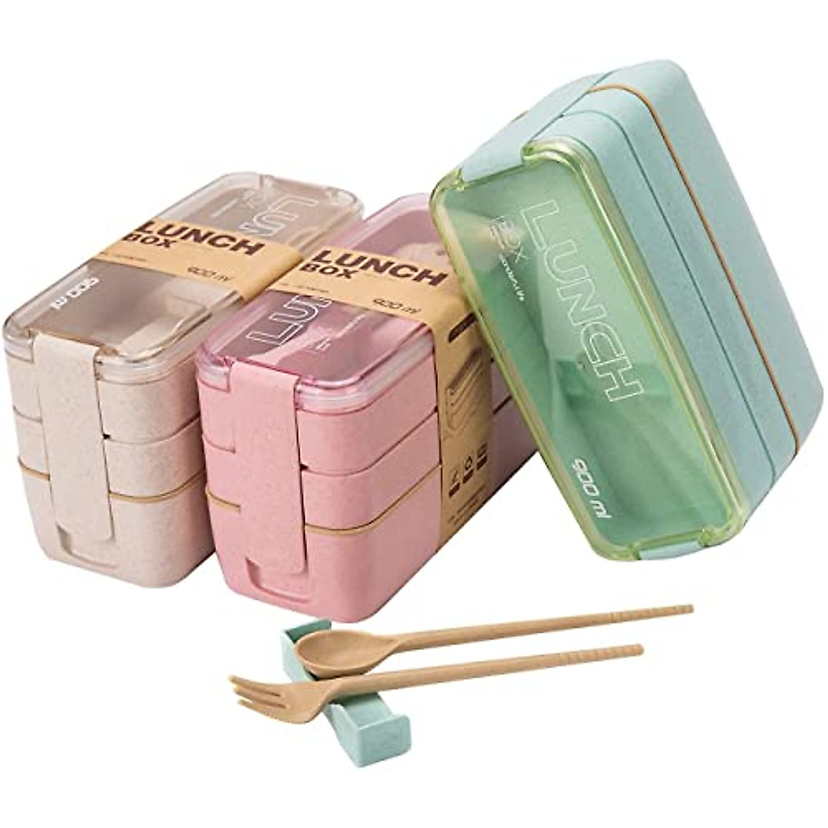Rarapop 3 Pack Stackable Bento Box Japanese Lunch Box Kit with Spoon & Fork, 3-In-1 Compartment Wheat Straw Meal Prep Containers for Kids & Adults (Green/Pink/Beige)