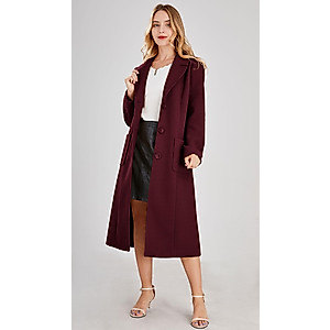 chouyatou Women's Big Notch Lapel Single Breasted Mid-Long Wool Blend Coat (Large, Wine Red)